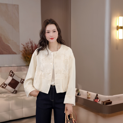 豆豆DD【刺绣棒球服外套】早春米白色宽松复古夹克上衣-26CK8151