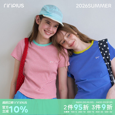 riverstone plus  正肩多巴胺运动风短袖T恤女条纹刺绣圆领打底衫