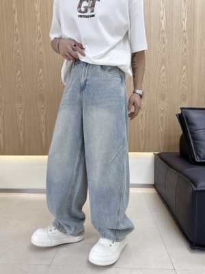2026新款美式复古水洗做旧牛仔裤男宽松亮片直筒阔腿长裤子