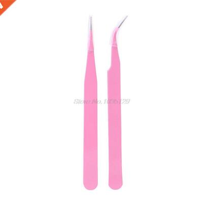 2PC Pink Steel Straight + Bend Tweezer Nippers For Eyelash E