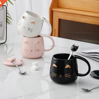 Lovely Kitty Theme Lid Spoon Tea Cup Milk Mug Fit for Home O
