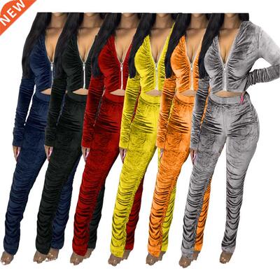 Wnter Velvet Stacked Women's Set Zpper Hoodes Ruched