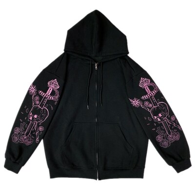 Punk Graphic Print Zipper Ribbon Hooded Hoodie vintage Black