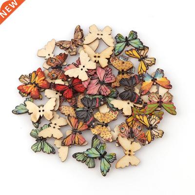 50PC 2 Holes  Size Colorful Butterfly Wooden Buttons Fit Se