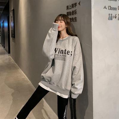 2025秋冬新款韩版宽松字母百搭假两件加绒圆领卫衣女学生上衣外套