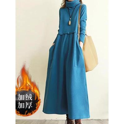 加绒保暖高领连衣裙女秋冬大码宽松过膝长裙百搭覆古文艺打底裙子