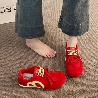 英国真皮红色德训鞋女款2025新款秋季休闲运动平底板鞋经典阿甘鞋