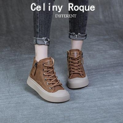 高帮复古平底板鞋女真皮2024秋季新款百搭厚底加绒大码女鞋40-43