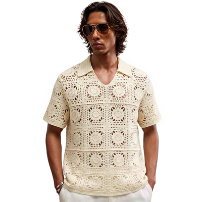 2026夏季美式休闲短袖Polo衫男度假风镂空针织上衣Men's T-shirt