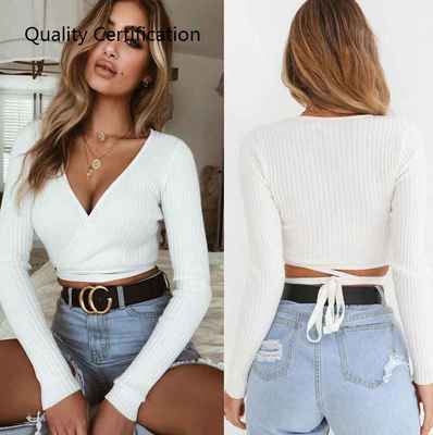 White Khaki Long Sleeve T shirt V-neck Sexy Top