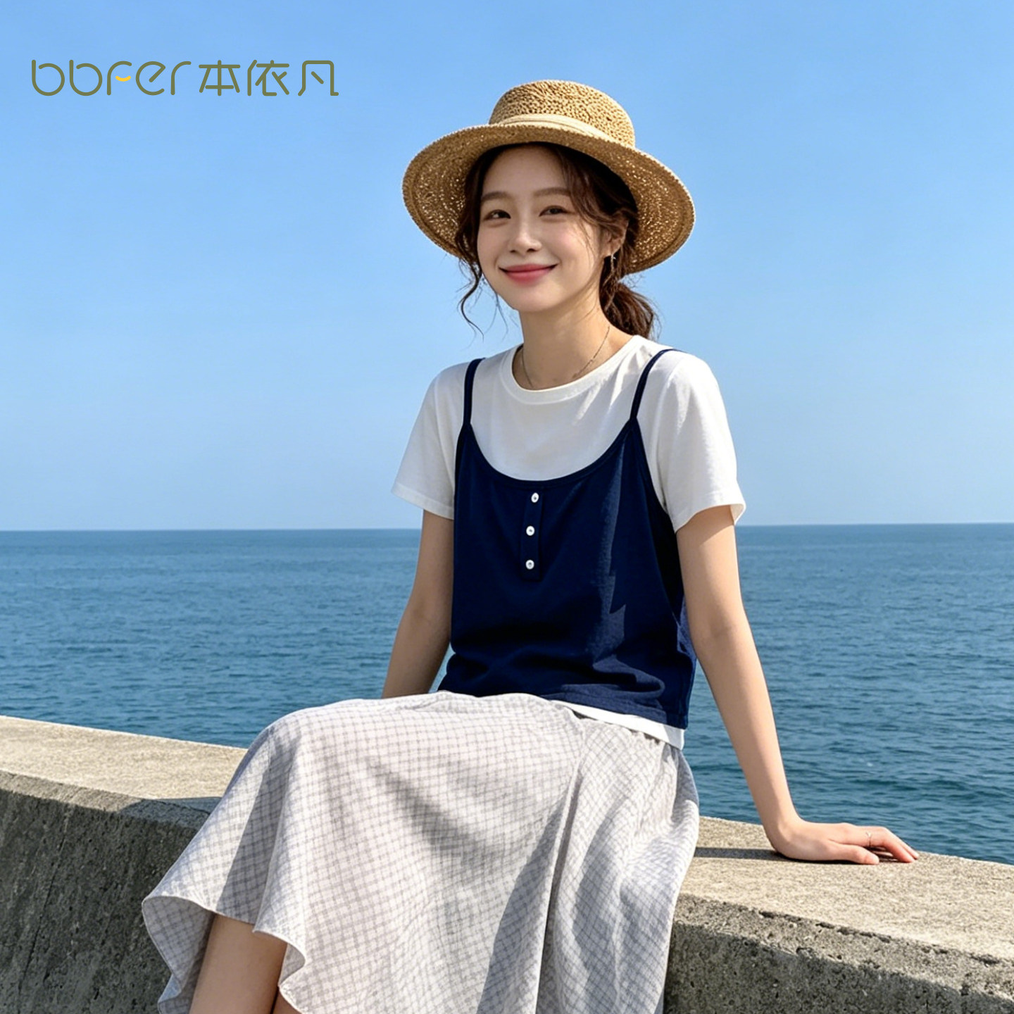 BBFER本依凡夏款纯棉撞色两件套短袖T恤合体圆领上衣女0757