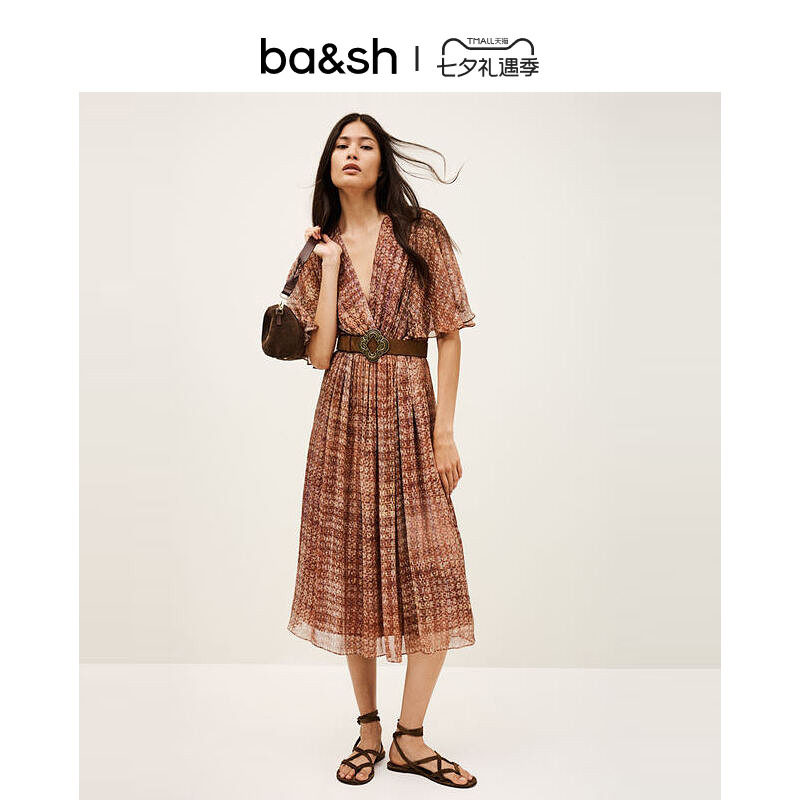 bash夏季绯梦格章法式沙滩度假风V领收腰短袖连衣裙长裙1H25ROMA