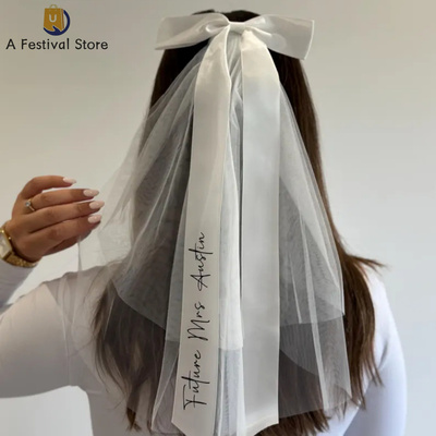 字母刺绣缎面头纱新娘婚纱配饰