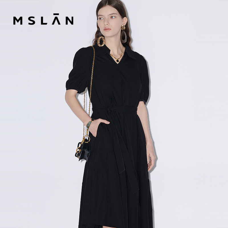 MSLAN【商场同款】23夏新款双层领收腰侧口袋连衣裙MFBE4112_虎窝淘