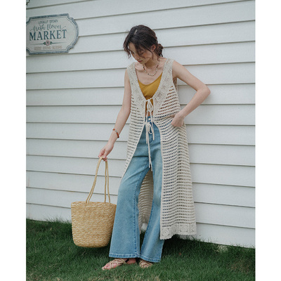 短短假日棉系带开衫镂空针织衫