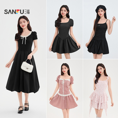 【连衣裙清仓】三福连衣裙女2025新款夏季法式收腰显瘦长裙子女装