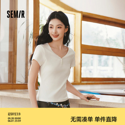 森马V领半开襟正肩短款短袖T恤女