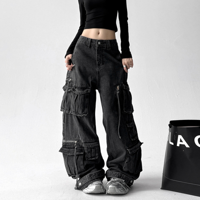 2025秋季新款美式复古多口袋炮弹牛仔裤设计感重工朋克宽松直筒裤