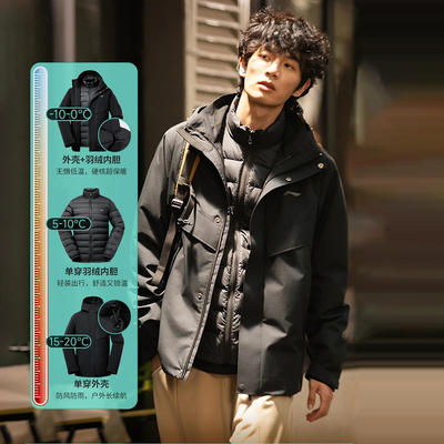 正品李宁男子外套冲锋衣三合一宽松85%鸭绒外套运动风衣AWBV091