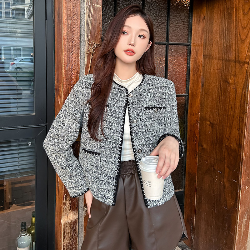 法式小香风外套女灰色粗花呢高级感圆领短款名媛上衣时尚洋气