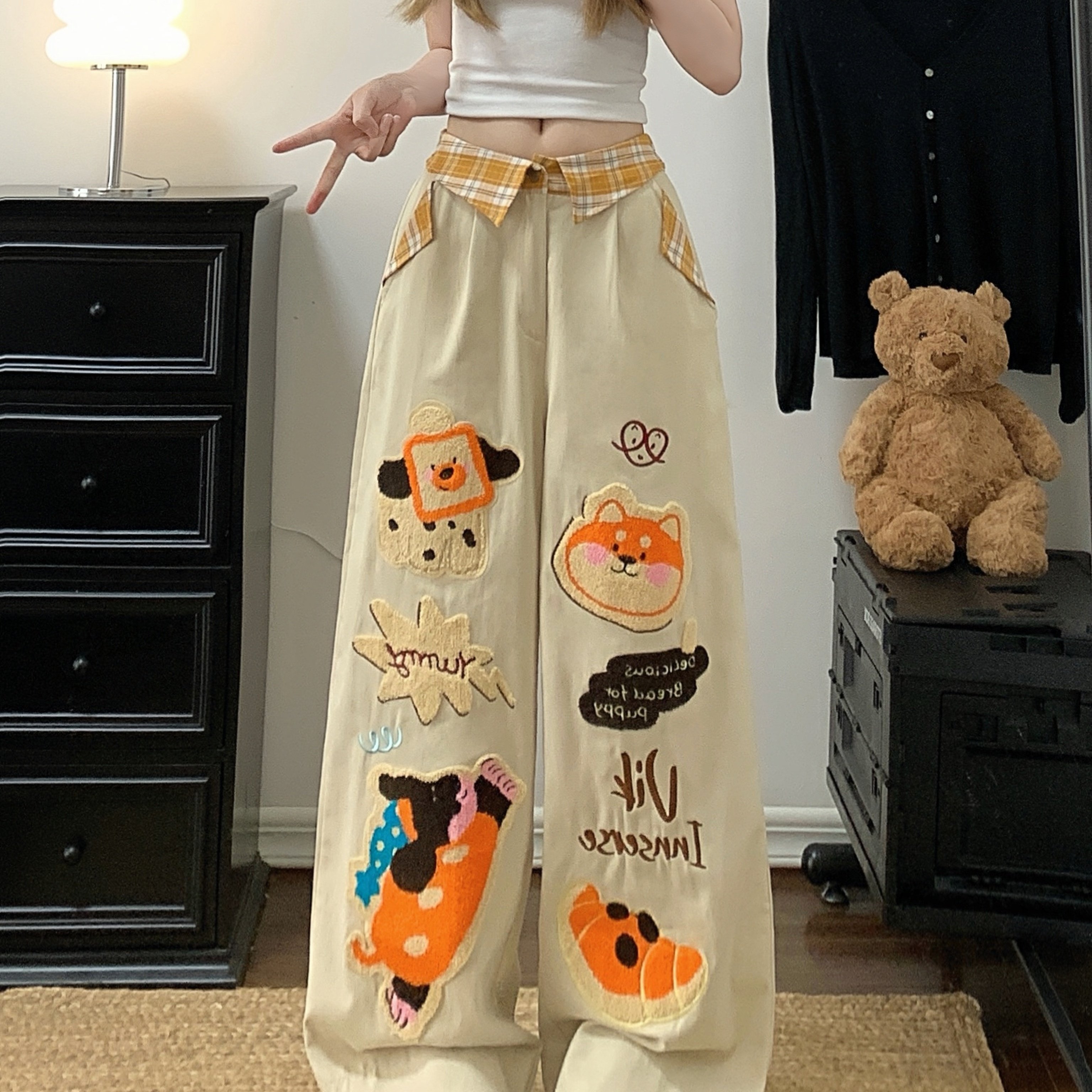 实拍美式复古卡通小狗贴布绣格纹阔脚牛仔裤女夏季新款休闲长裤子