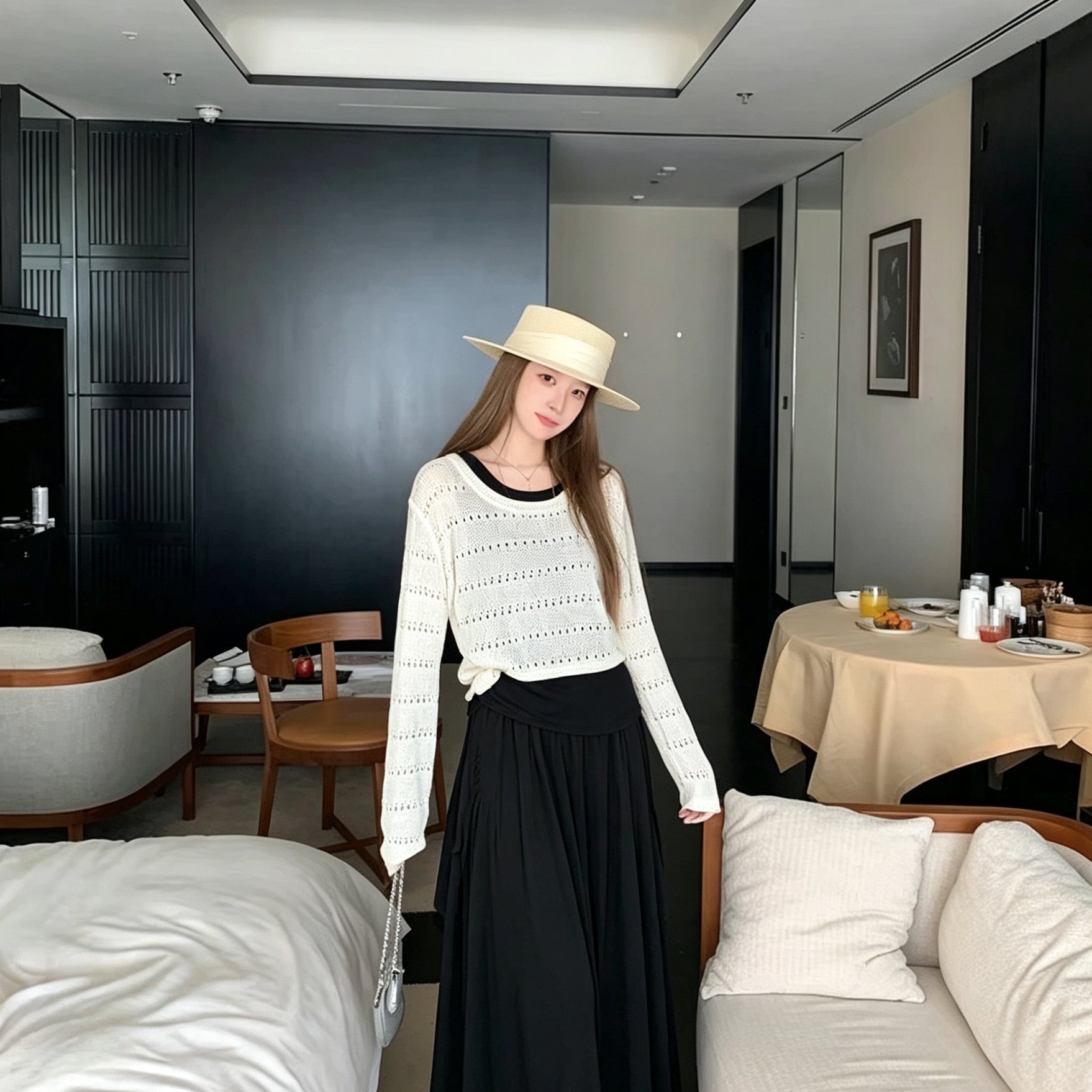 简约镂空针织衫打底背心半身裙三件套女2026秋季新款气质显瘦套装
