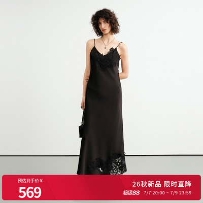 婉甸2026秋季新品黑色蕾丝拼接吊带裙无袖连衣裙长裙1253N03DS2