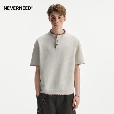 NEVERNEED手缝线亨利领T恤男女