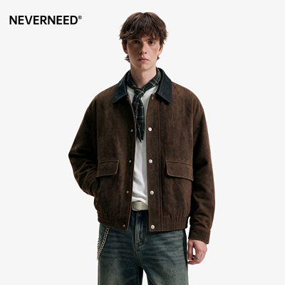 NEVERNEED复古PU皮领工装夹克男