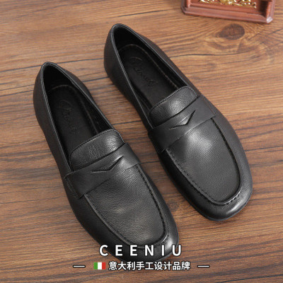 CEENIU意大利英伦复古豆豆鞋真皮一脚蹬乐福鞋男士休闲皮鞋手工鞋
