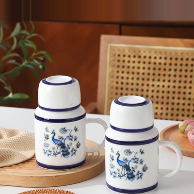大容量带盖子青花孔雀陶瓷杯喝水杯咖啡杯复古风马克杯情侣杯