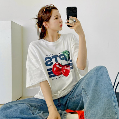 时尚起义apts字母樱桃宽松T恤