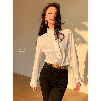 Garbociaga龙喜儿  南法记忆 荷叶领立领上衣设计感法式衬衫3892