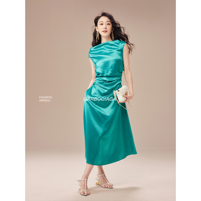 Garbociaga龍喜儿 版型好到爆 醋酸缎面斜裁褶皱无袖连衣裙4131