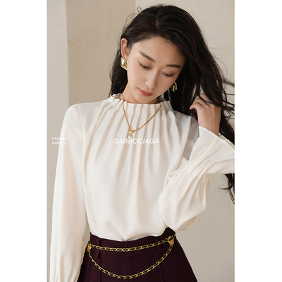 Garbociaga龙喜儿 褶皱打揽小立领设计感法式小众泡泡袖衬衫3921