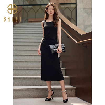 2026夏季新品百丝简约大方中长裙黑色背心开叉修身无袖连衣裙女