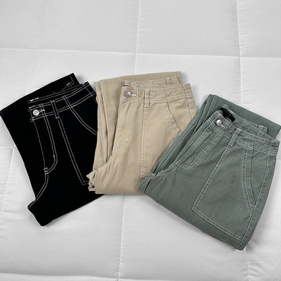 包邮 F家面料质地厚实无弹工装裤 春秋百搭水洗中高腰直筒休闲裤