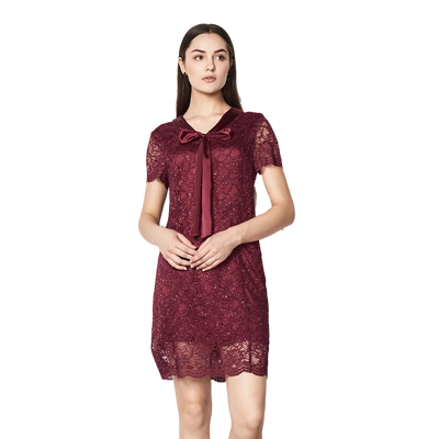 玫而美优雅镂空连衣裙飘带蕾丝裙短袖气质中长款裙子女MXLN12200