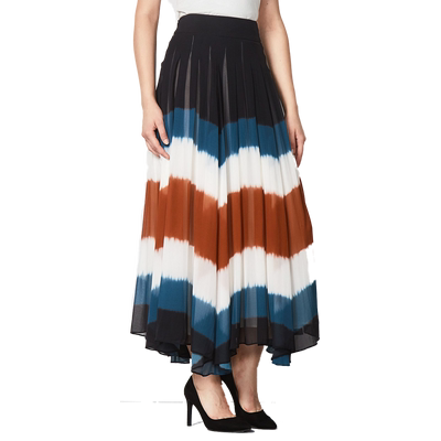 玫而美品牌时尚拼色半身裙女显瘦桑蚕丝百褶裙真丝长裙MXTO53900