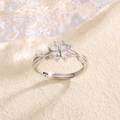 开口戒指s999纯银荆棘花朵戒指女轻奢感小众时尚四叶草指环小红书