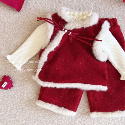 三小朵2885【冬禧】婴儿衣服酒红加绒加厚马甲+裤子新年套装