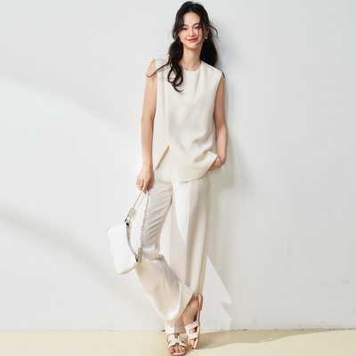 25春夏随意时髦范極简高开衩优雅上衣+高腰直筒裤套装18412+18413