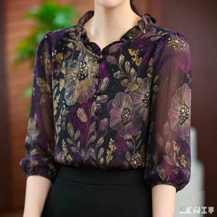 正品夏季新款花边领复古印花七分袖小衫2026直播爆款时尚洋气轻薄