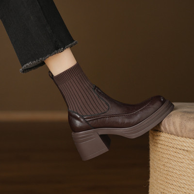 羊皮瘦瘦弹力袜女粗跟7cm