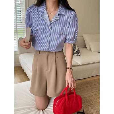 时髦小金扣 法式气质感条纹显瘦宽松衬衫ZY1762 强明女装