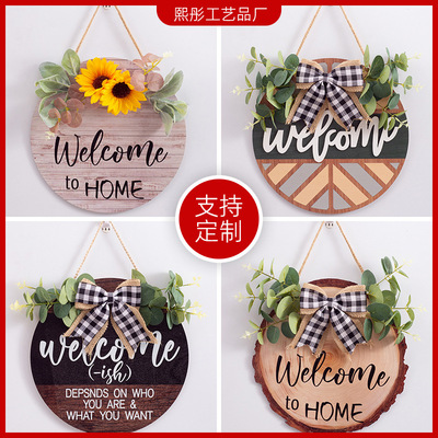 跨境木质门牌Welcome挂牌聚会圆形欢迎木制门前迎宾HOME蝴蝶结挂