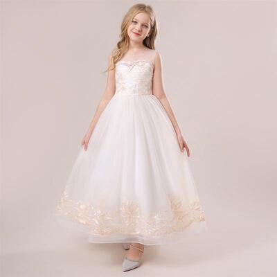 外贸新款儿童礼服长裙无袖花朵婚纱礼服网纱裙女children dress