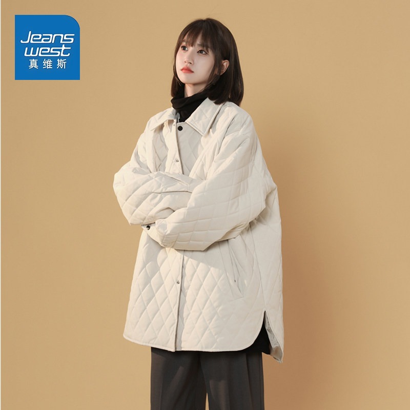 真维斯菱形格轻薄棉衣外套女秋冬新款小个子宽松高级感大码棉服潮