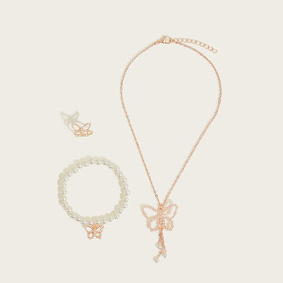 出口英国Monsoon Children儿童饰品新款珍珠蝴蝶项链手链戒指套装