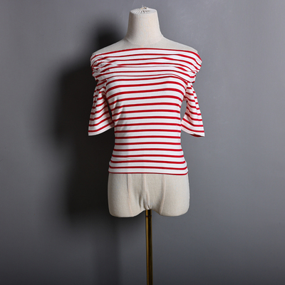 夏季新品女装时尚减龄横条纹性感一字肩短袖T恤韩版洋气紧身显瘦